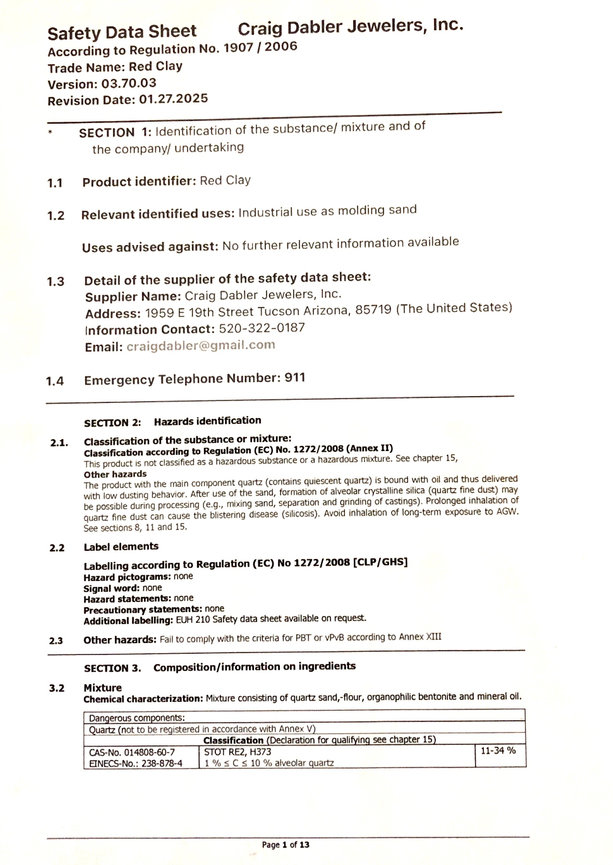 MSDS - SAND - DIY Castings