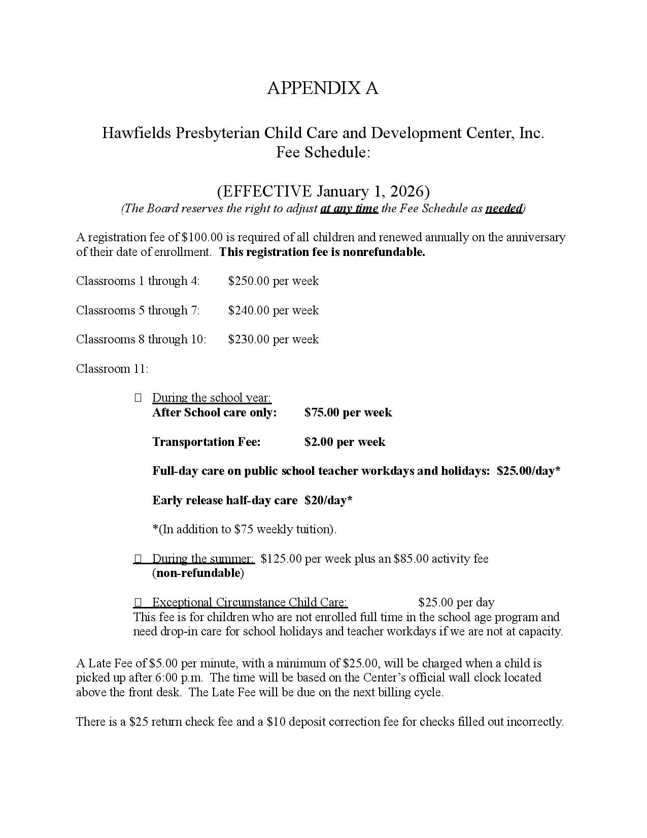 2026 Fee Schedule - Hawfields Child Care