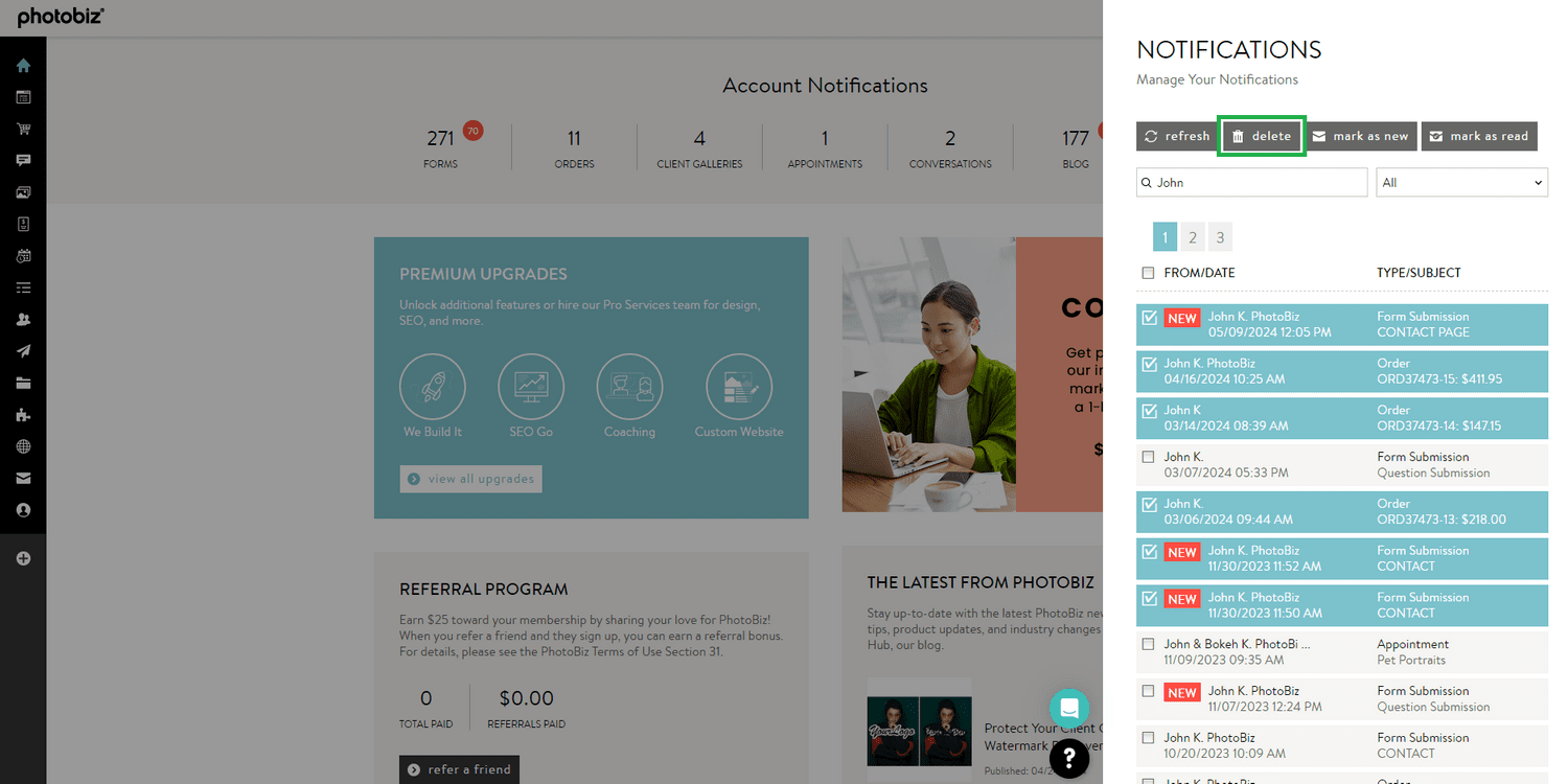 How To Delete Notifications - PhotoBiz Knowledge Base