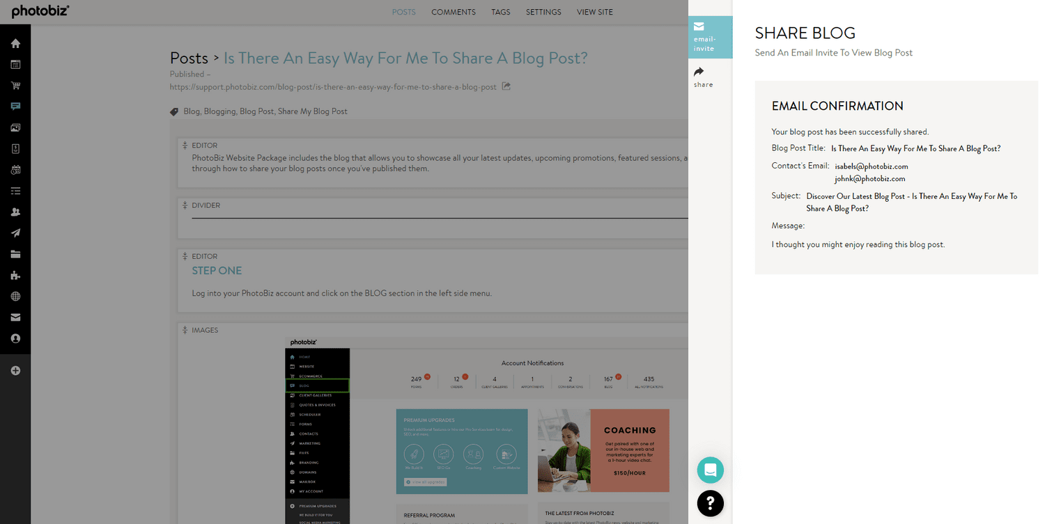 Is There An Easy Way For Me To Share A Blog Post? - PhotoBiz Knowledge Base