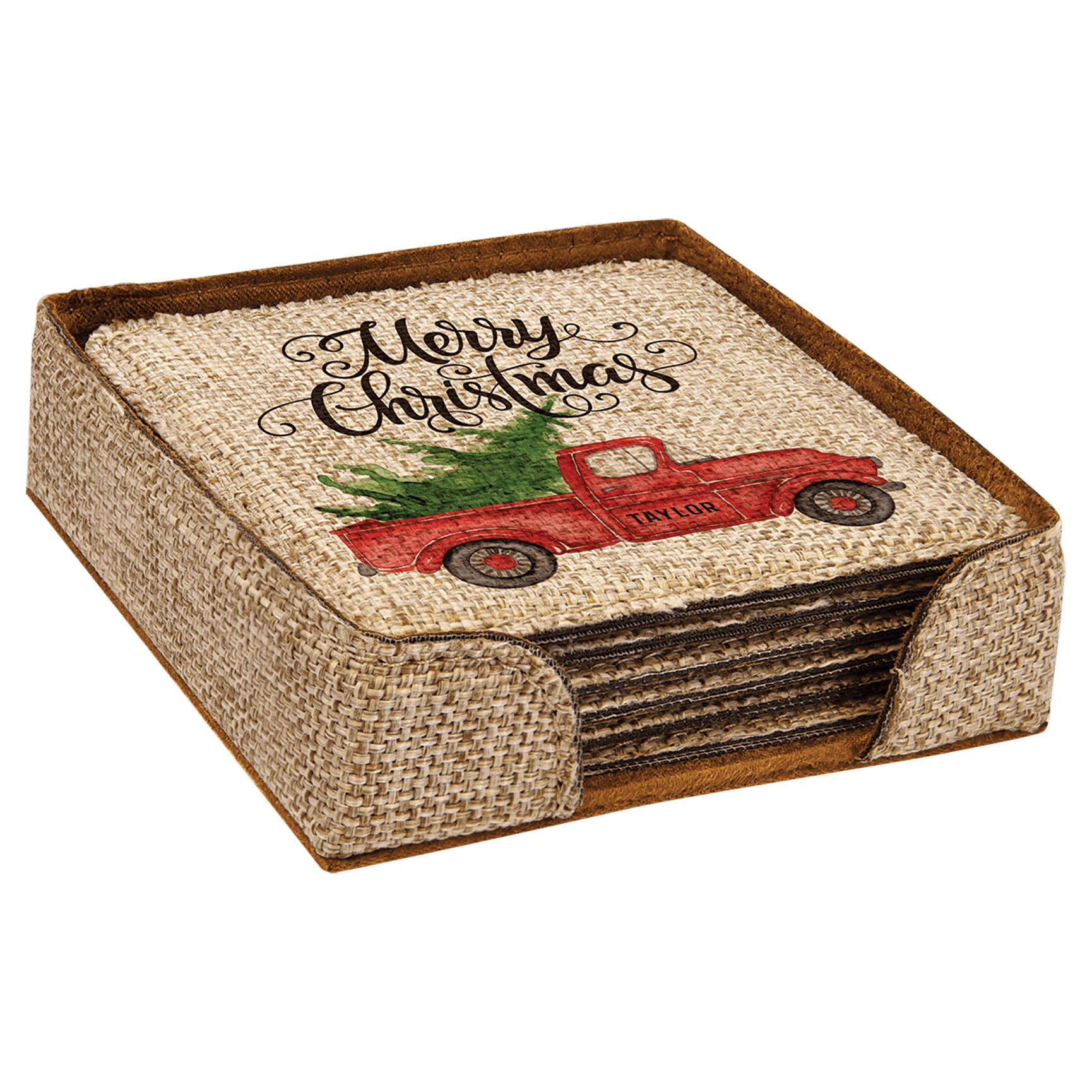 Set of 4 Burlap Coasters with holder - Picturetakers